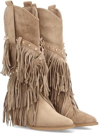 Shoes & Blues Botte de style Western avec tige haute d&eacute;cor&eacute;e avec franges en cascade et clous m&eacute;talliques, pointe fine et talon cubain. Id&eacute;ale pour femme en automne