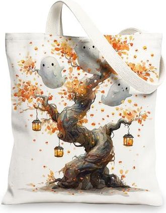 Generic Sacs fourre-tout en toile motif arbre fantôme fantaisie, sacs dépicerie réutilisables, légers et lavables avec bandoulière pour salle de sport, voyage