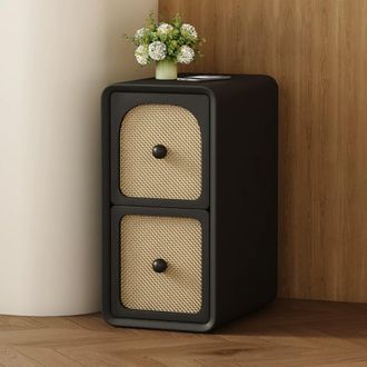 Generic Schlafzimmer-Nachttisch, Kleiner Nachttisch Mit Schwarzem Kugelgriff Und 2 Schubladen, Rattan-Webkunst for Neben Dem Sofa