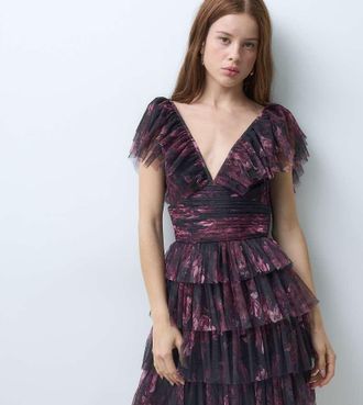 Lace & Beads Petite robe courte en tulle &agrave; d&eacute;collet&eacute; plongeant, &agrave; volants, &agrave; fleurs noires