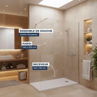 GROHE Dusch-Komplettset - Walk-In Duschwand 140x200 Chrom + Grohe Tempesta 3 Strahlarten + Gussmarmor-Duschwanne Wei&szlig; 140x90