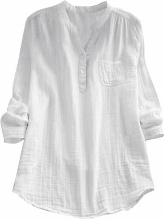 Generic Chemise d&eacute;contract&eacute;e &agrave; manches longues en coton de couleur unie pour femme, blanc, XXL