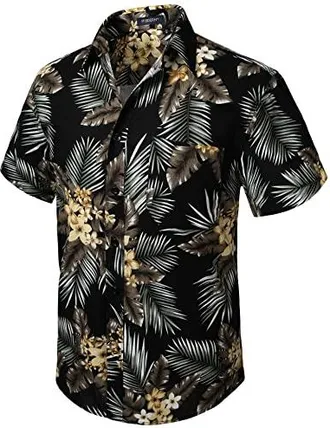 Hisdern Hommes Funky Hawaïenne Floral Feuille Chemises A Manches Courtes Poche Avant Vacances Ete Aloha Imprime Plage Casual Noir Brun Hawaï Fleur Chemise,XXL