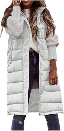 Generic Gilets longs rembourrés pour femme, veste dhiver longue sans manches de couleur unie, gilet à capuche avec fermeture éclair intégrale, veste imperméab