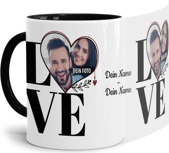 Tassendruck Foto-Tasse selbst gestalten mit Foto & Namen - Love in schwarz - Geschenk für Familie, Freunde, Paar, Geburtstag, Weihnachten - Keramik, Innen & Henke