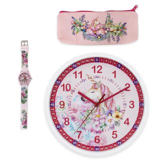 Wall-Art Einhorn Wanduhr f&uuml;r M&auml;dchen Rosa Kinderwanduhr 3-Teiliges Geschenke Set mit Armbanduhr und M&auml;ppchen