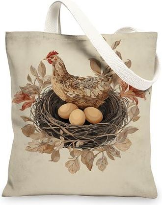 Generic Sacs fourre-tout en toile de poule rustique, motif nid de poule, sacs de courses réutilisables, vintage ferme, léger, lavable, épaule S, beige, 13x15 