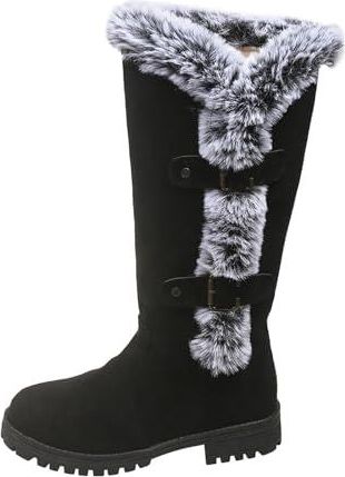 Generic Bottes de neige mi-mollet en peluche &eacute;paisse pour femme, bottes chaudes en faux daim avec boucle, bordure en fourrure, chaussures de marche pour lhive