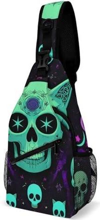 Generic Sacoche Tactique Chat gothique trippant dHalloween Cr&acirc;ne noir Casual Sac &agrave; Bandouli&egrave;re R&eacute;glable Crossbody Bag pour Voyage Camping Homme