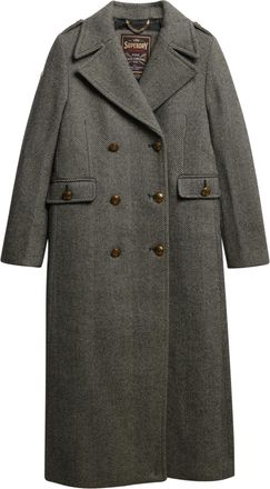 Superdry Damen Zweireihiger Mantel aus Wollmischung Elfenbein/Schwarzes Fischgr&auml;tmuster 36