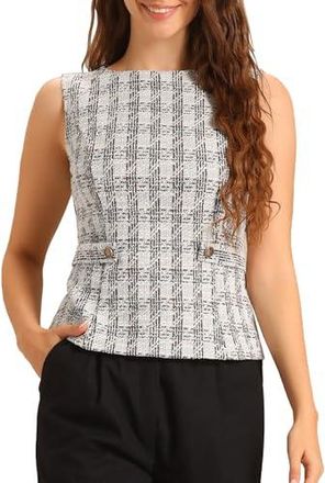 Allegra K Top en Tweed pour Femme Élégant Chemisier Imprimé Écossais Débardeur Col Rond avec Boucle au Dos Blouse sans Manches Gilet à Carreaux Blanc Noir S