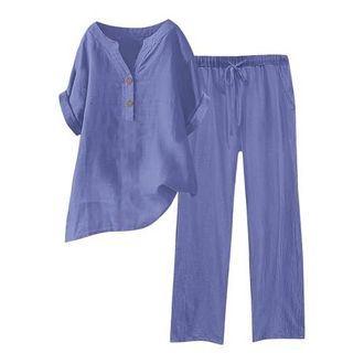 Generic Ensemble 2 pi&egrave;ces pour femme - Tenue d&eacute;contract&eacute;e en lin &agrave; manches courtes - Haut &agrave; col montant - S&eacute;chage rapide - Protection solaire - Confort - Pant