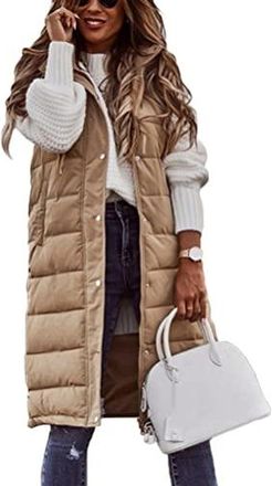 Onsoyours Gilet Femme Chaud Doudoune sans Manche Veste Longue Hiver Manteau Zippé avec Capuche Parka Blouson avec Poches A Beige XL