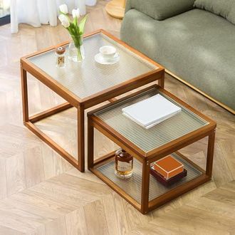 Generic Petite table basse en verre, design vintage du milieu du si&egrave;cle, lot de 2 gigognes avec rangement ouvert, assemblage facile pour espaces de vie compac