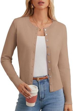 Grace Karin Cardigan léger à manches longues pour femme - Col rond - Couleur unie - Cardigan basique avec bouton, kaki, XXL