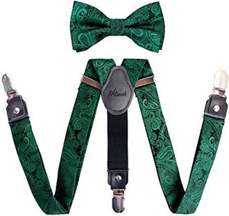 Alizeal Noeud Papillon Pr&eacute;-nou&eacute; Floral Paisley Ajustable et Ensemble de 3 Bretelles Clips en Forme de Y, Vert Fonc&eacute;