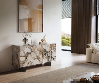 DELIFE Sideboard Cuor 150 cm Keramik Patagonia Poliert 3 T&uuml;ren Fu&szlig; Schwebeoptik Edelstahl, Sideboards