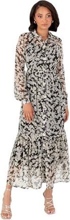 Lovedrobe Womens Midaxi Dress Ladies Shirt Collar Long Sleeve Floral Elasticated Waist Gold Texture Smart Casual Office Wear, Noir 54