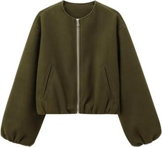 Generic Blouson aviateur r&eacute;tro doux for femme, col rond, manches longues, ourlet &eacute;lastique et fermeture &eacute;clair(Military green,xs)