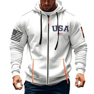 Generic Hoodie Patriotique Homme Drapeau Am&eacute;ricain Zipp&eacute; - Tactique Cordon Drawstring Ajustable Manches Longues Poches Lat&eacute;rales, Veste Athl&eacute;tique Polyvalente