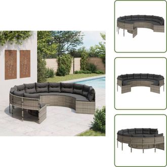 vidaXL Gartensofa mit Kissen Rund Grau Poly Rattan - Gartenm&ouml;bel - Outdoor-Sofa - Rattan-Sofa - Gartensofa Rund - Lounge Set - The Living Store