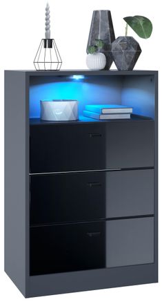 Vladon Kommode Pino V2, Made in Germany, Anrichte mit 3 Schubladen & 1 offenem Fach, Anthrazit matt/Schwarz Hochglanz mit LED RGB (56 x 86,5 x 36 cm)