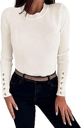 Generic Pull pour femme avec boutons - Haut &agrave; manches longues pour femme - Coupe ajust&eacute;e - Pull dhiver &agrave; col montant - Haut d&eacute;contract&eacute; - Pull chaud pour femm