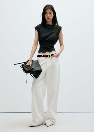Mango T-shirt &agrave; fronces en dentelle noir - Femme - XXS - MANGO