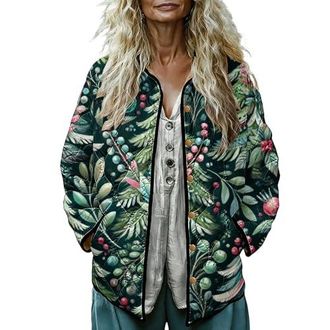 Generic Veste matelassée imprimée fantaisie de Noël pour femme, manteau matelassé rétro avec motif graphique, veste matelassée festive à manches longues bouto