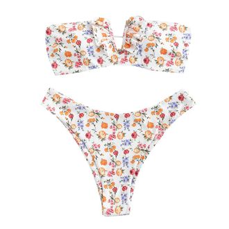 Zaful Blumen V-Draht Gerippt Hoher Schnitt Bandeau Bikini Set Gepolstert Zwei St&uuml;cke Badeanzug Bademode f&uuml;r Damen (B-Wei&szlig;,S)
