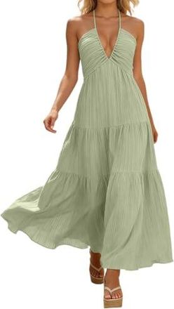 Generico Robe mi-longue d&eacute;t&eacute; d&eacute;contract&eacute;e en coton avec fines bretelles et col en V sans manches avec col dos nu et ourlet &agrave; volants, vert, XX-Large