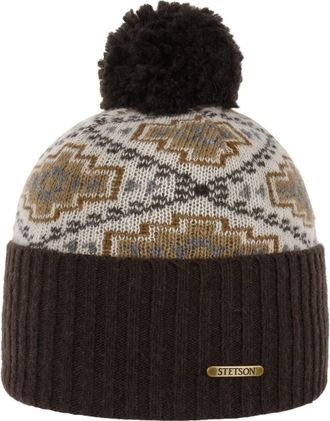 Stetson Navajo Bommelmütze Mehrfarbig Umschlag Pompon Winterstrickmütze Herren Made in Italy Herbst Winter Dunkelbraun One Size