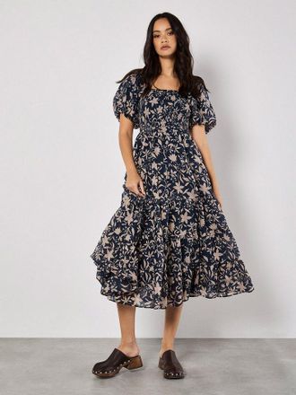Apricot Midikleid Florales Sommerkleid mit Puff&auml;rmeln