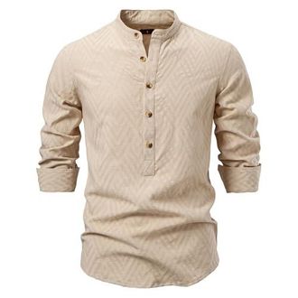 Generic Haut &agrave; manches longues pour homme et adulte - Col montant boutonn&eacute; - Style d&eacute;contract&eacute; - Uni - Pour le travail et le bureau - Sans plis, beige, XXL