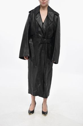 Balenciaga Doppelreihiger Trenchcoat aus gepr&auml;gtem Leder mit G&uuml;rtel Balenciaga