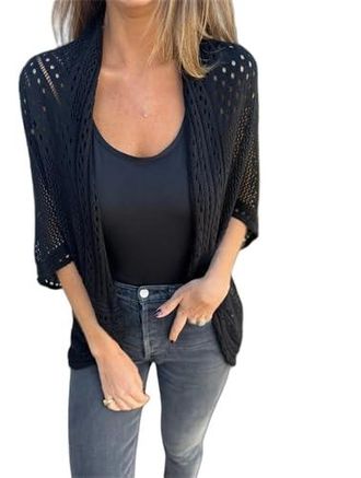 Generic Cardigan creux &agrave; manches mi-longues, cardigan d&eacute;t&eacute; &agrave; manches crochet&eacute;es pour femme, cardigan creux, Noir, 3XL