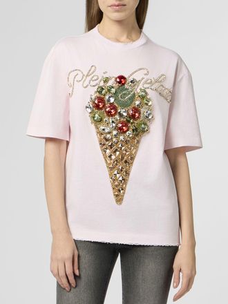 Philipp Plein T-shirt en jersey de coton avec logo en strass et ourlet effrang&eacute;
