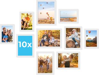 Photolini Bilderrahmen Set verschiedene Gr&ouml;&szlig;en, Bilderwand Collage 10 Rahmen Wei&szlig;, Bilderrahmen-Set Holz MDF zum Aufstellen & Aufh&auml;ngen, Acrylglas, photo frames