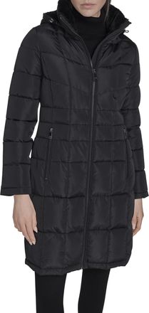 Calvin Klein Damen Full Length Puffer Coat - Hooded Quilted Winter Jacket with Zip Up Front, Schwarz, XL