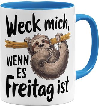 OM3 witzige Kaffee-Tasse mit Spruch - Faultier (Sloth) - Wecke mich auf, wenn es Freitag ist - Spruchtasse - Statement - Keramik Becher - 325ml - Beidseit