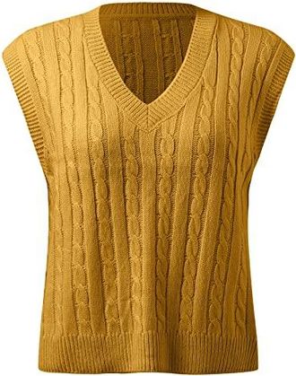 Generic Pull d&eacute;contract&eacute; sans manches avec col en V et maille c&ocirc;tel&eacute;e pour femme, jaune, XXL