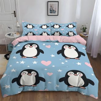 Generic Cartoon Pinguin Bettwäsche 200 x 200 cm, Blauer Hintergrund Weiche Komfort Bettbezug - Microfaser Atmungsaktive Bettbezug Set 3 Teilig für Jungen Mädc