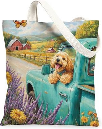 Generic Sac fourre-tout en toile motif chien griffonn&eacute; dor&eacute; printemps 33 x 38,1 cm, sac d&eacute;picerie r&eacute;utilisable pour femme, animal de compagnie, peinture cadea