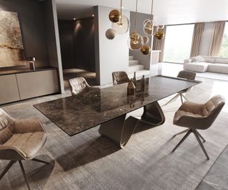 DELIFE Esstisch Edge 200-300x100 Keramik Laminam Emperador Extra Lucidato Dunkelbraun W-Gestell Effektfinish Titan ausziehbar, Esstische