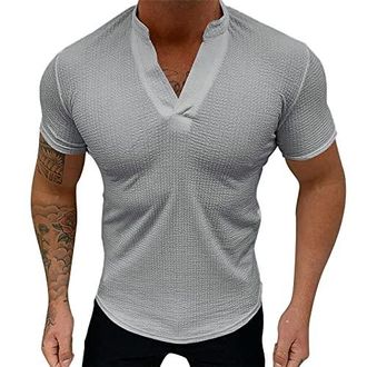 Generic Chemise en coton et lin pour homme - Hauts Henley - Tendance - D&eacute;contract&eacute; - En coton et col en V - Haut &agrave; manches courtes - Haut tendance - Chemisier