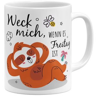 OM3 witzige Kaffee-Tasse mit Spruch - Faultier (Sloth) - Wecke mich auf, wenn es Freitag ist - Spruchtasse - Keramik Becher - 325ml - Beidseitig Bedruckt 