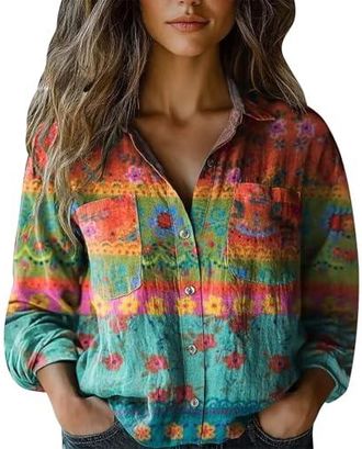 Generico Chemise Femme d&Eacute;t&eacute; D&eacute;contract&eacute; &agrave; Manches Longues Chemises en Lin Coton &Eacute;l&eacute;gant Respirant Blouse Col en V L&eacute;ger Chemisier Vintage Fantaisie avec Bouton