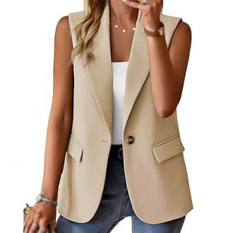 Generic Blazer sans manches 2025 pour femmes, blazer sans manches &agrave; revers crant&eacute; ouvert sur le devant, abricot, 3XL