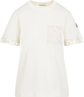Moncler Femme, Tops, Beige, Taille: 40 FR T-shirt &agrave; Manches Courtes en Coton Blanc Naturel