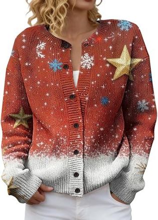 Generic Cardigan tricoté imprimé sapin de Noël pour femme, chandail fantaisie flocon de neige boutonné ouvert sur le devant, vestes à manches longues amusante